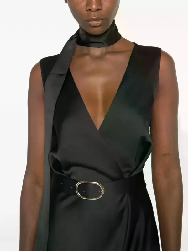 Imperial Belted Wrap-style Dress With Front Slit - Black