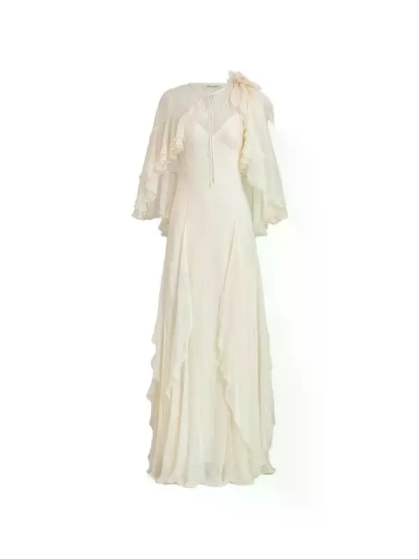 Alberta Ferretti Ruffled Silk Cape Maxi Dress - White
