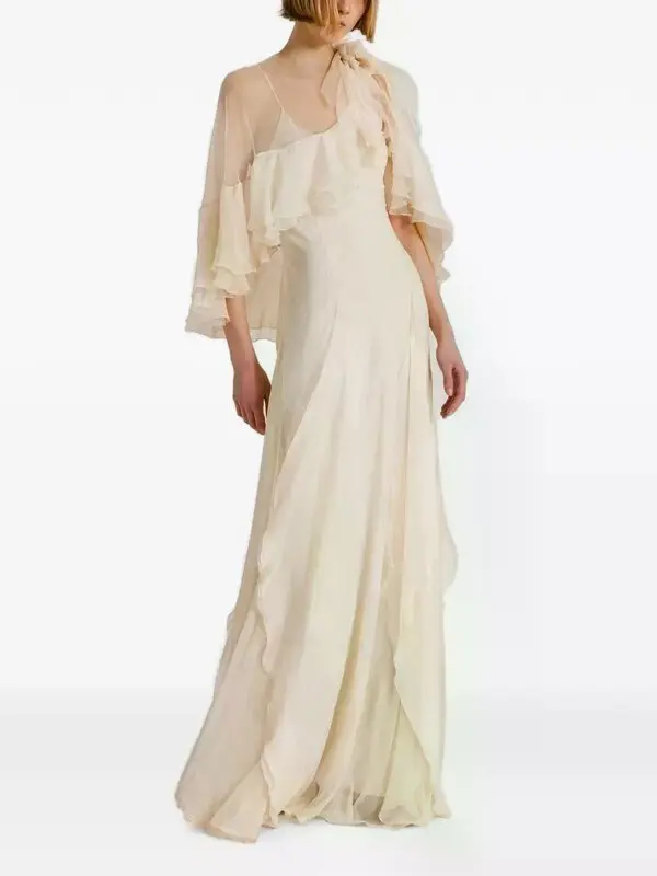 Alberta Ferretti Ruffled Silk Cape Maxi Dress - White