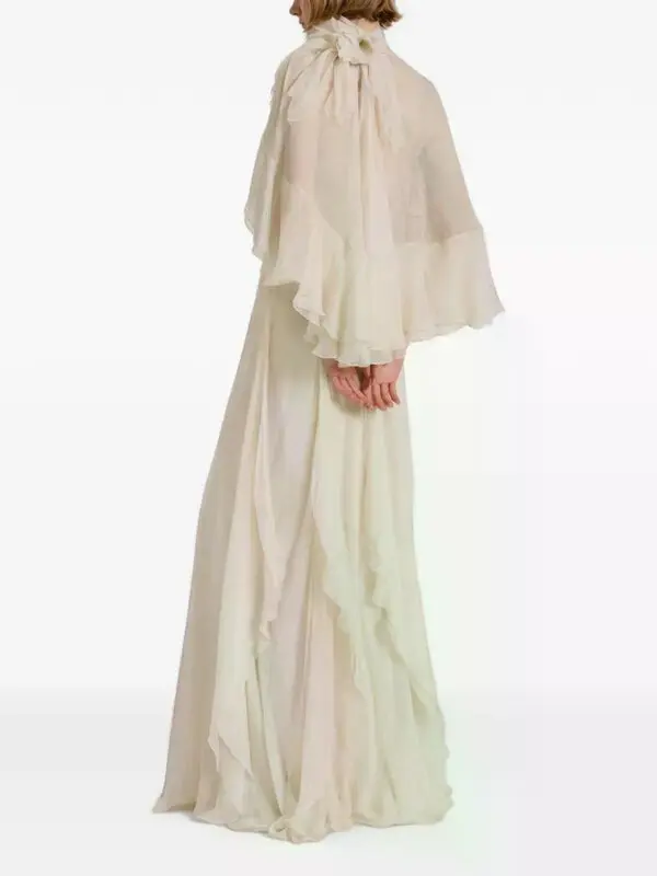 Alberta Ferretti Ruffled Silk Cape Maxi Dress - White