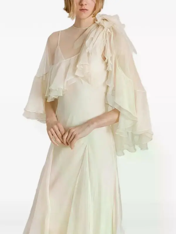 Alberta Ferretti Ruffled Silk Cape Maxi Dress - White