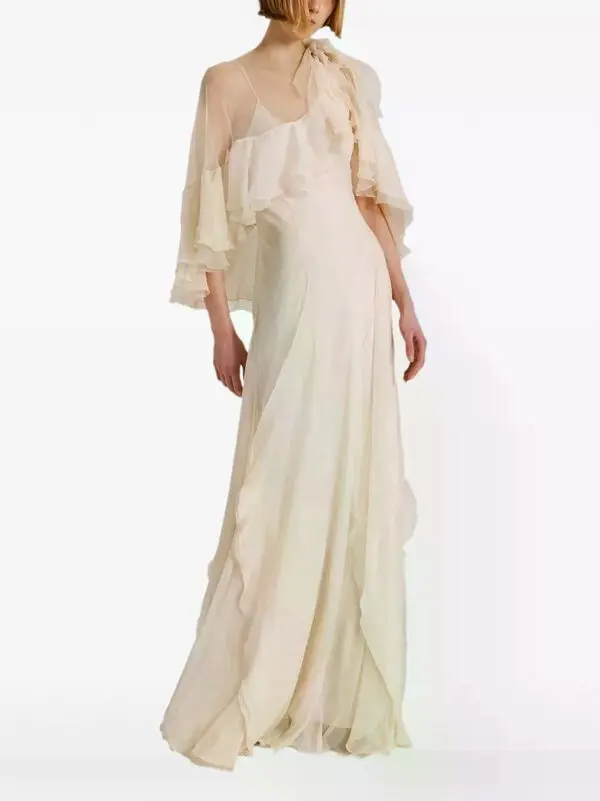 Alberta Ferretti Ruffled Silk Cape Maxi Dress - White