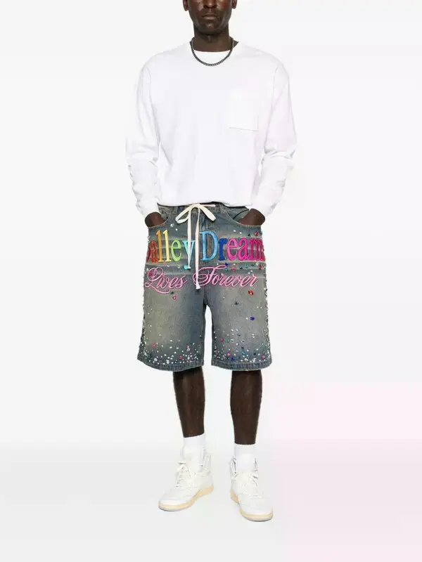 VALE FOREVER Crystal Embellished Embroidered Denim Shorts