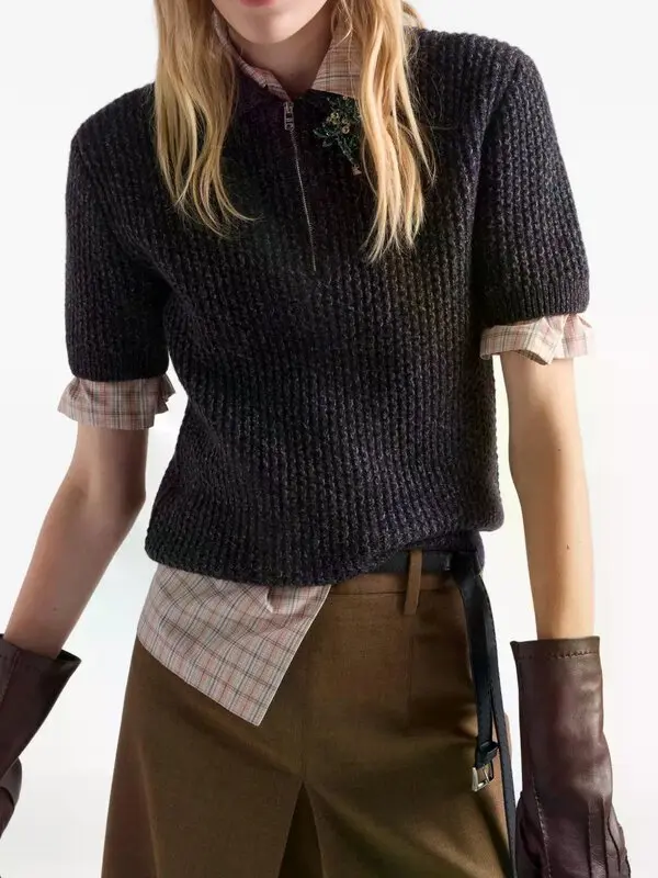 Prada Short-sleeved Wool And Mouliné Cashmere Polo Sweater With Zipper