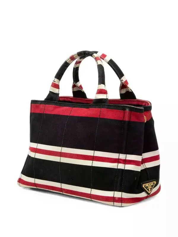 Prada 2013-2026 Small Canvas Canapa Logo Stripes Tote Satchel - Black