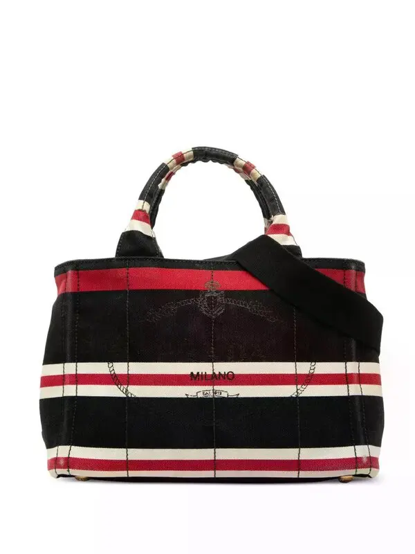 Prada 2013-2026 Small Canvas Canapa Logo Stripes Tote Satchel - Black