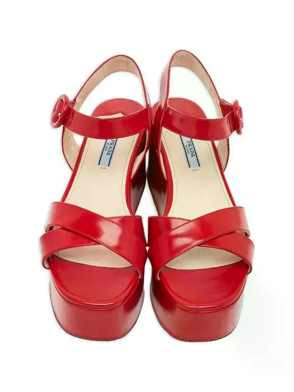 Prada Leather Platform Wedge Ankle Strap Sandals