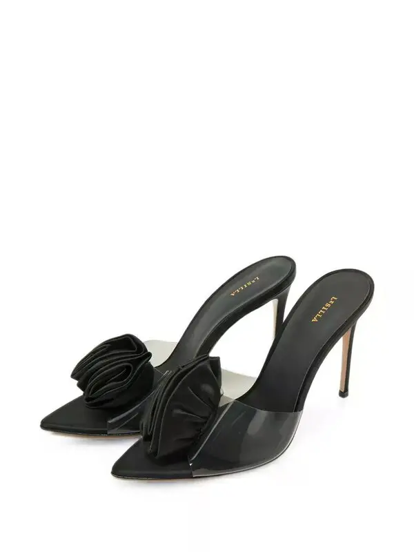 LE SILLA Satin Rose Appliqué Pointed Toe Stiletto Sandals - Black