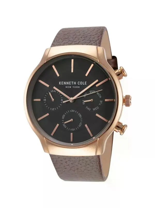KENNETH COLE 42mm Leather Strap Watch - Black