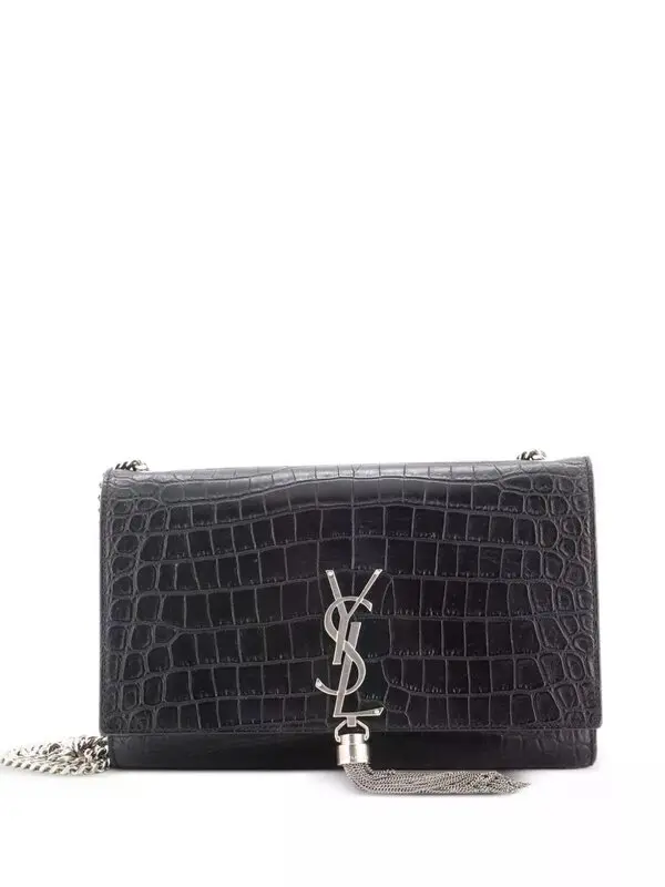 Saint Laurent Classic Monogram Tassel Crocodile Embossed Leather Medium Crossbody Bag - Black