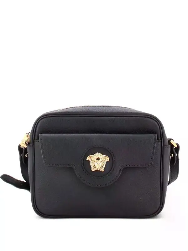 Versace La Medusa Flap Pocket Camera Bag Leather Small Crossbody Bag - Black
