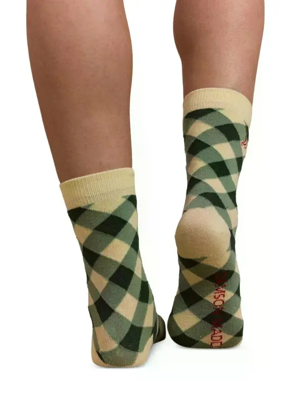 DAMSON MADDER Gingham Pattern Embroidered Logo Crew Socks - Red