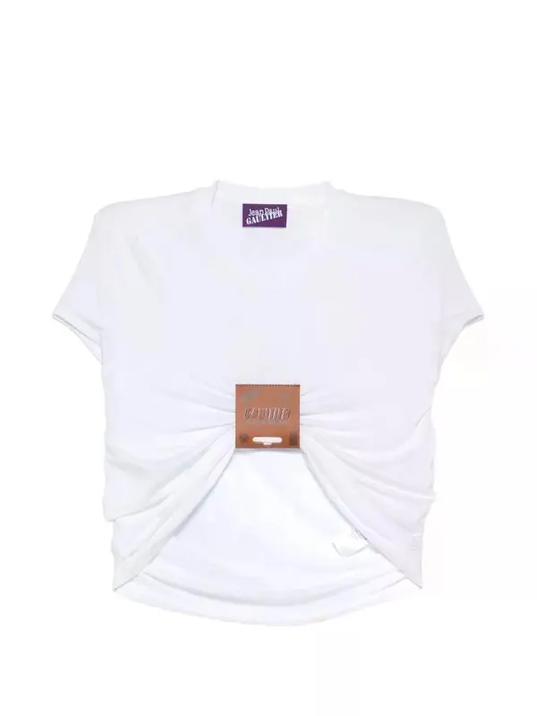 JEAN PAUL GAULTIER Ruched Jersey T-shirt With Leather Logo Tag - White