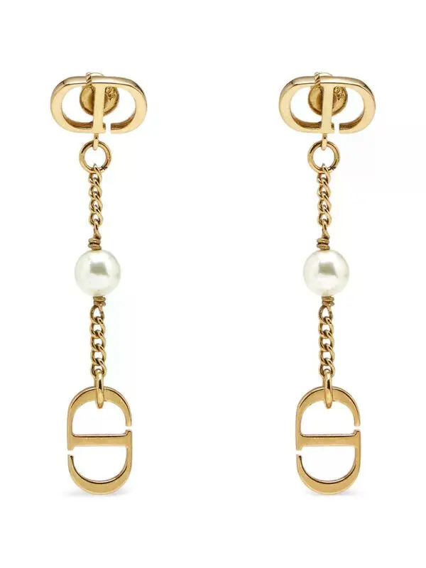 Dior Tone Faux Pearl & Cd Logo Drop Earrings - Gold