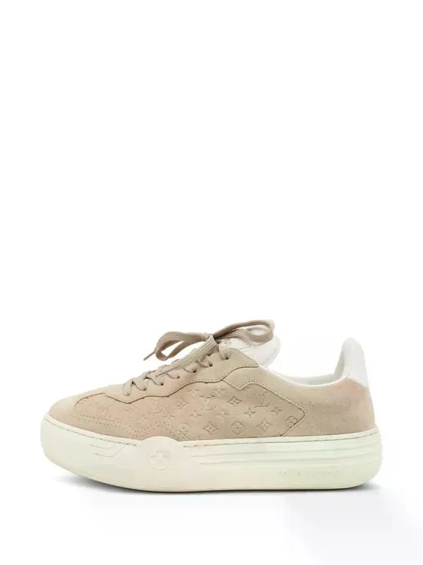 LOUIS VUITTON Beige Monogram Suede Lace-up Platform Sneakers