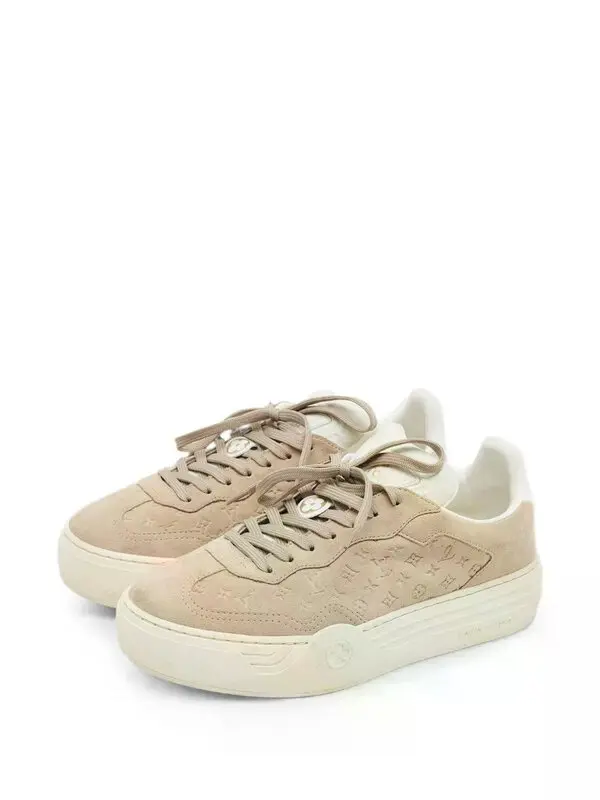 LOUIS VUITTON Beige Monogram Suede Lace-up Platform Sneakers