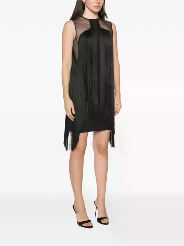ALESSANDRO LEGORA Sleeveless Mesh Panel Fringe Trim Mini Dress