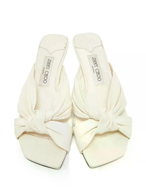 JIMMY CHOO Cream Beige Knotted Detail Square Toe Kitten Heel Sandals - Neutrals