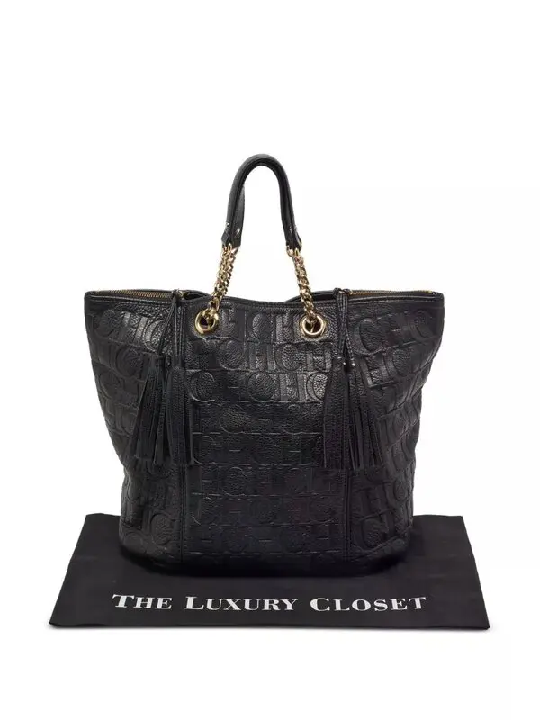 Carolina Herrera Monogram Embossed Tassel Tote Bag - Black