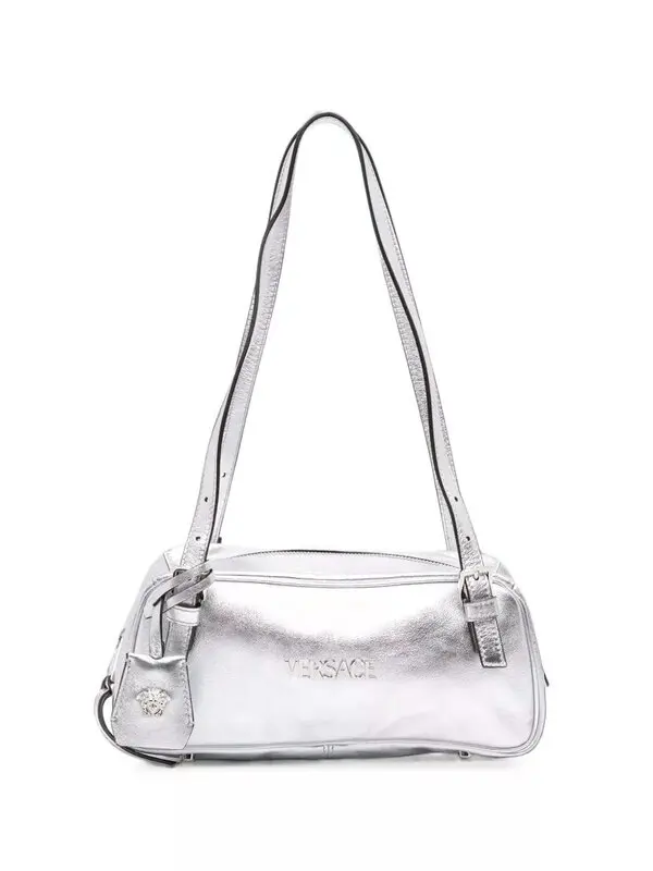 Versace 2000-2026 Metallic Leather Tag Bowling Bag Shoulder Bag - Silver