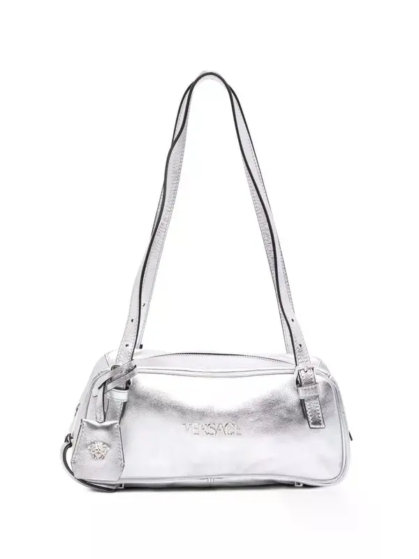Versace 2000-2026 Metallic Leather Tag Bowling Bag Shoulder Bag - Silver
