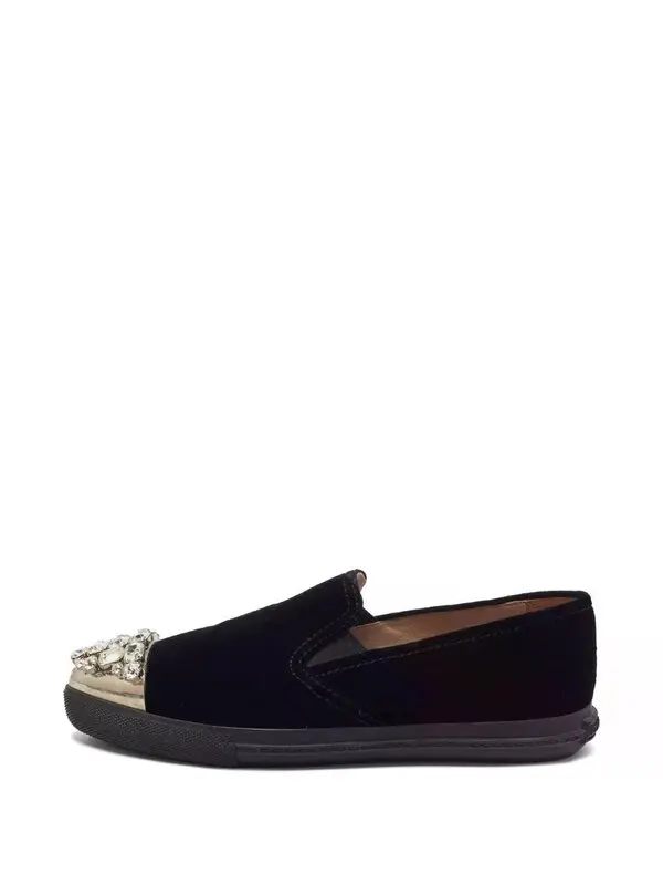 Miu Miu Velvet Crystal Embellished Loafers - Black