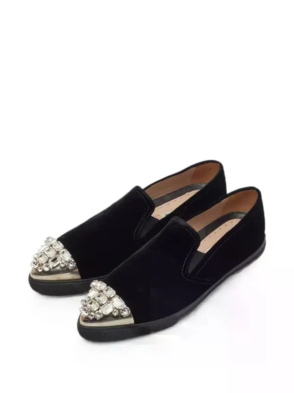 Miu Miu Velvet Crystal Embellished Loafers - Black