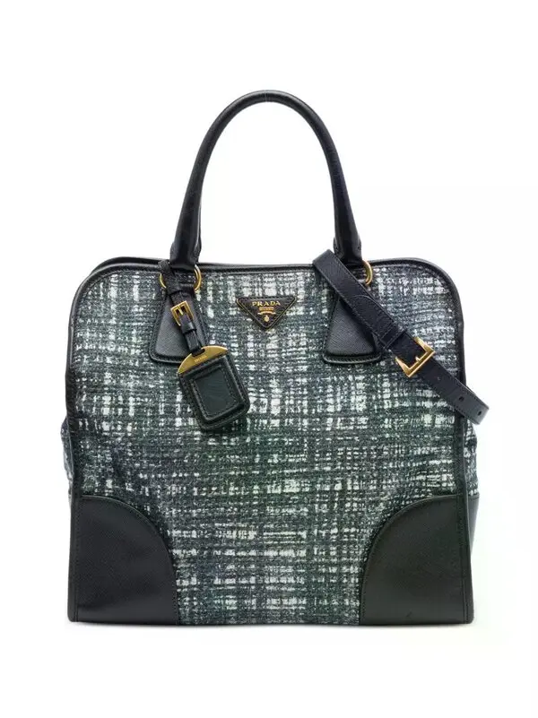 Prada Saffiano Trimmed Tweed Shopping Tote Satchel - Black