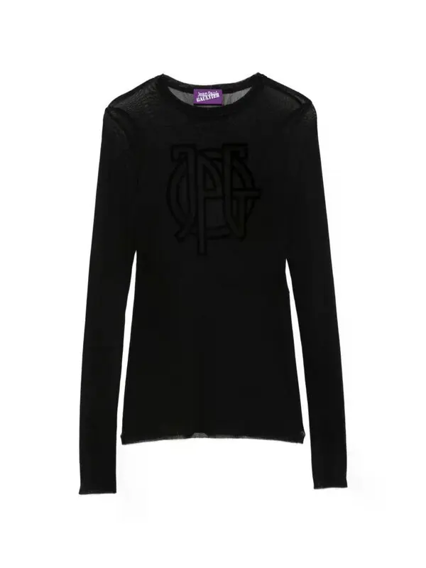 JEAN PAUL GAULTIER Sheer Flocked Logo Long Sleeve Top - Blue