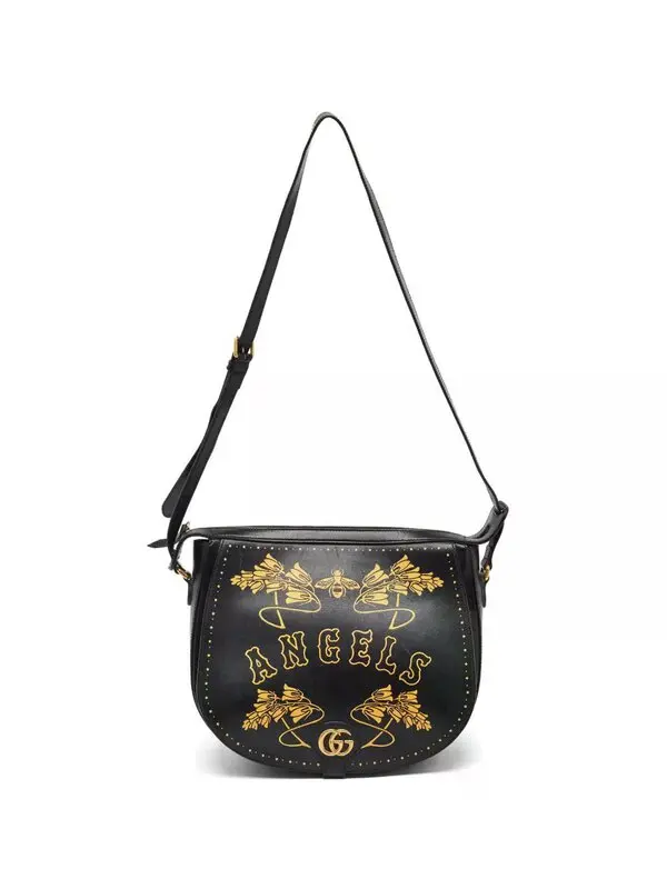 Gucci Leather Graphic Print Messenger Bag - Black