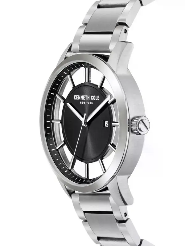 KENNETH COLE Skeleton Dial Watch With Black Leather Strap - Blue