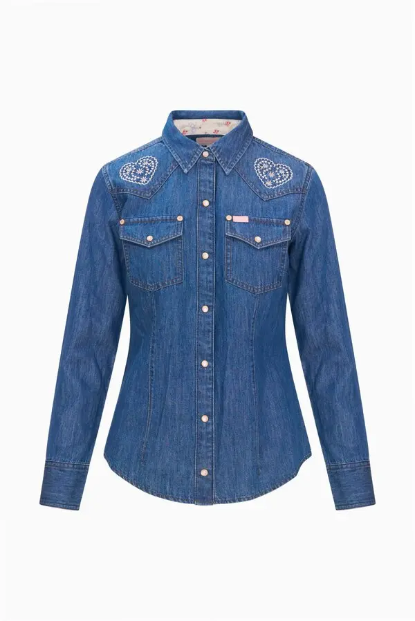 LoveShackFancy Wrangler Western Snap Shirt With Embroidered Yoke - Medium Wash
