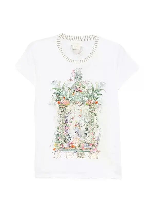 Camilla Graphic Print Organic Cotton T-shirt With Crystal Embellishment - White