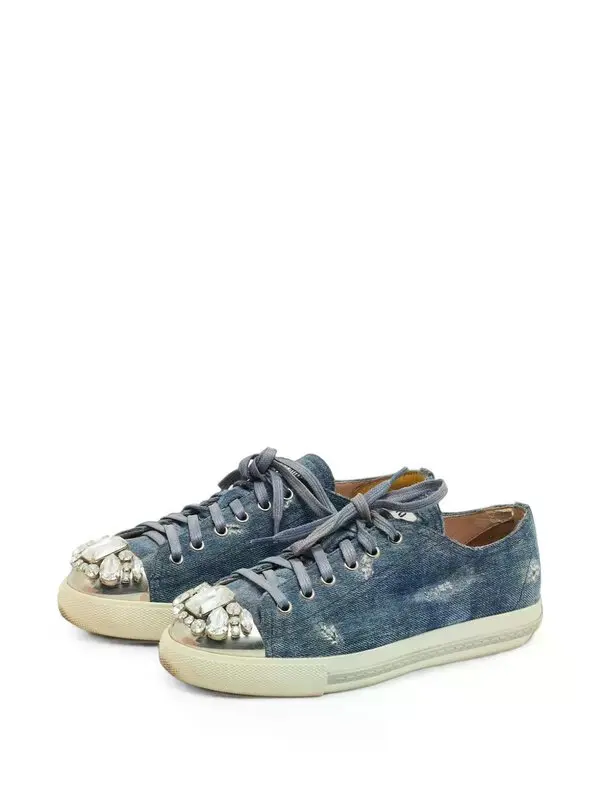 Miu Miu Crystal Embellished Distressed Denim Lace-up Sneakers - Blue