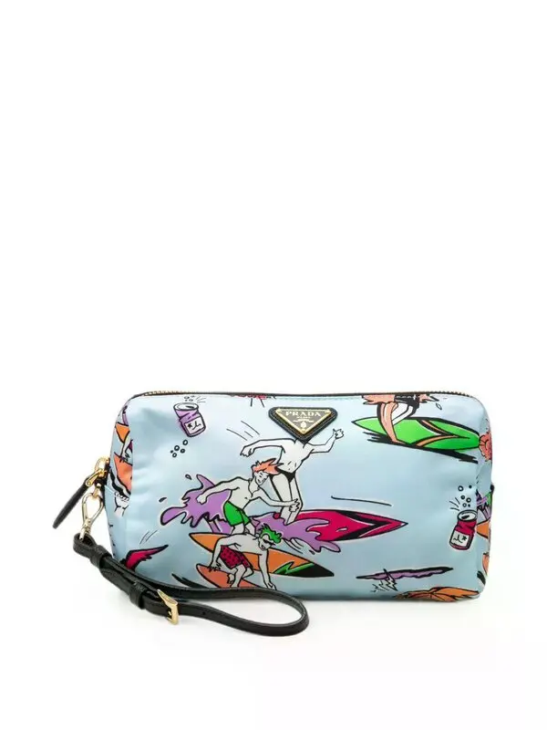 Prada Printed Nylon Cosmetic Pouch With Wrist Strap