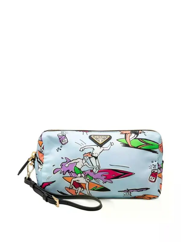 Prada Printed Nylon Cosmetic Pouch With Wrist Strap - Blue