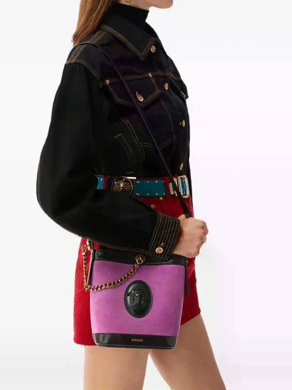 Versace Pivot Mini Suede Bucket Bag - Purple