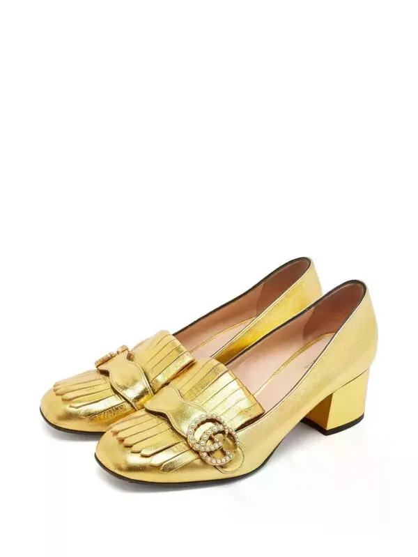 Gucci Gg Marmont Metallic Fringe Block Heel Pumps