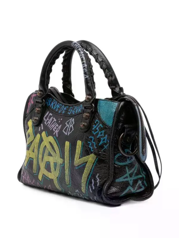 Balenciaga 2018 Mini Lambskin Motocross Graffiti All Over Classic City Satchel - Black