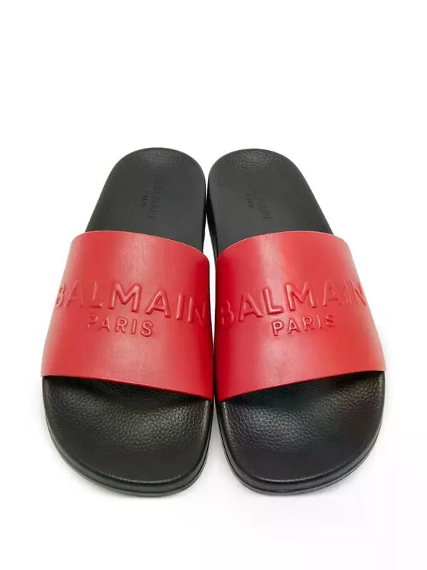 Balmain Logo-embossed Leather Slides