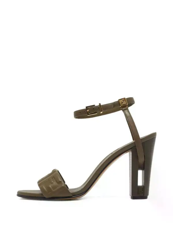 Fendi Embossed Ff Logo Ankle Strap Block Heel Sandals