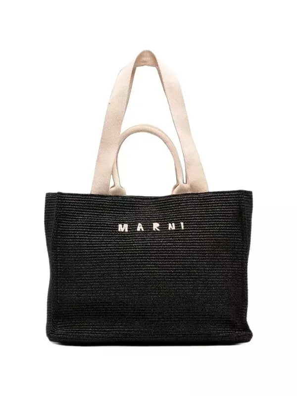Marni 2000-2026 Raffia Effect Nylon Embroidered Logo North West Shopping Tote Satchel - Black