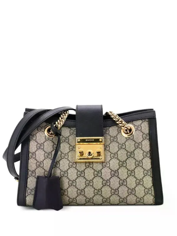 Gucci Padlock Chain Tote Gg Coated Canvas With Leather Small Shoulder Bag - Black