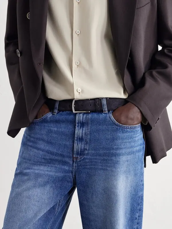 Zegna 3cm Suede Belt With Silver Buckle - Blue