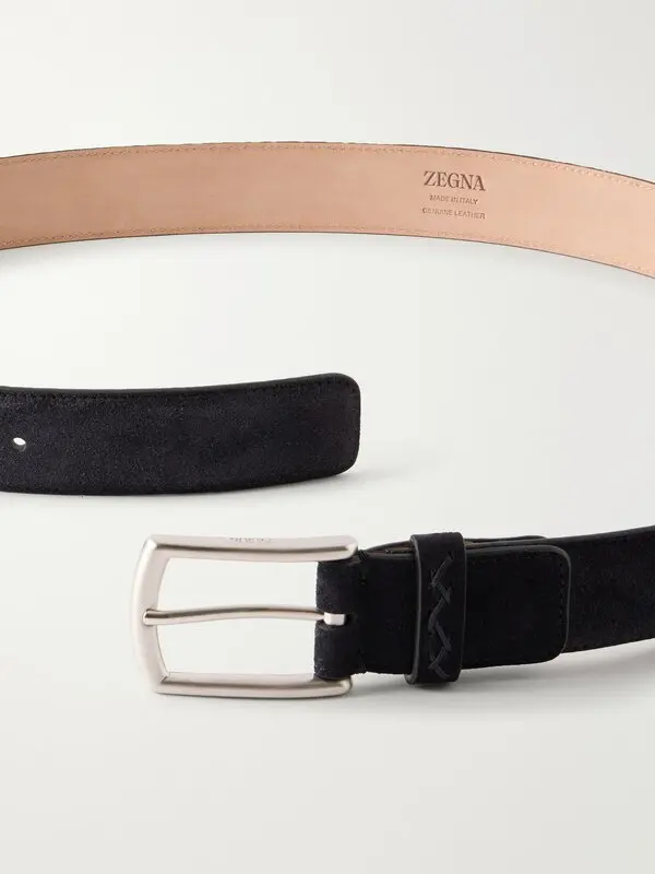 Zegna 3cm Suede Belt With Silver Buckle - Blue