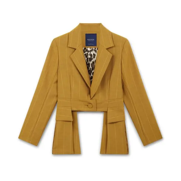 AMANDA THOMPSON COUTURE Andy Cropped Jacket In Mustard Pinstripe Wool