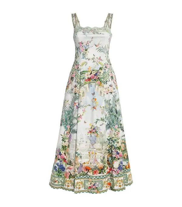 Camilla Stretch-cotton Art For The Empress Flared Midi Dress - Green