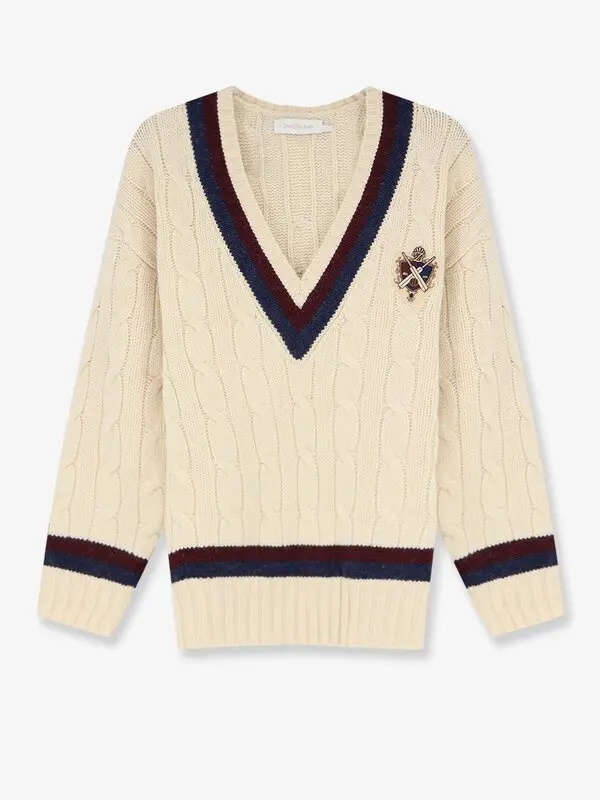 Zimmermann Valiant Cable Knit Wool Sweater With Contrast Trim - Beige