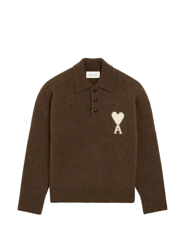 AMI Paris De Coeur Wool Polo Sweater - Brown