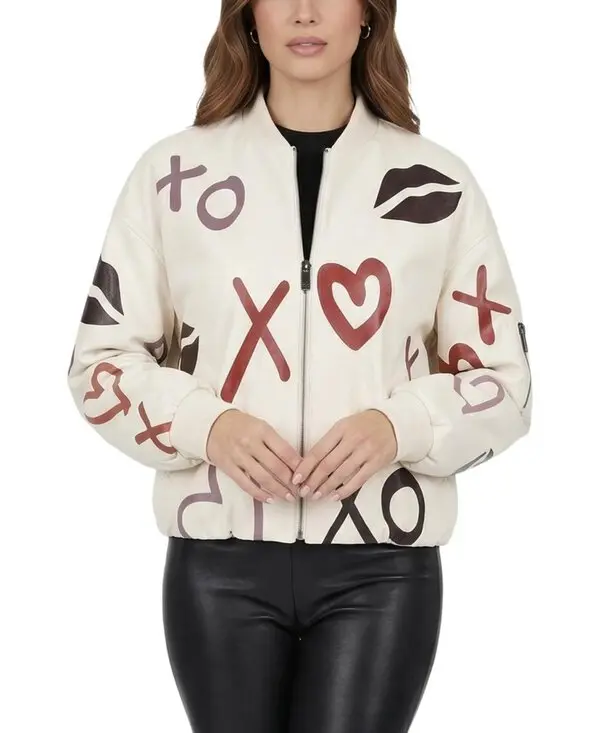 Gorski Nappa Leather Bomber Zip Jacket With Graphic Print